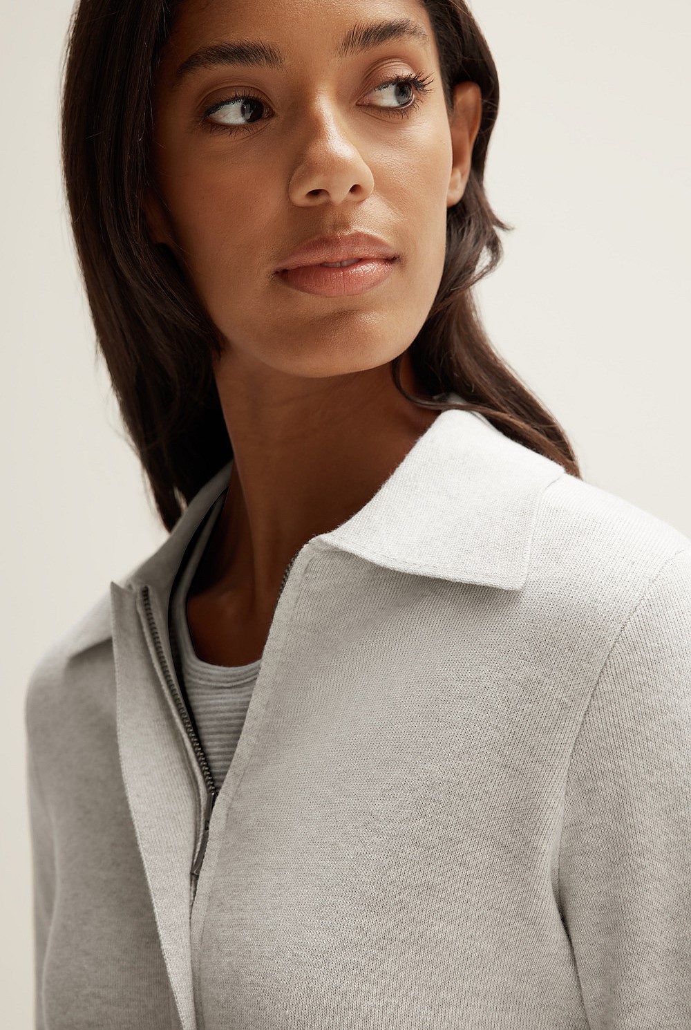 Light Grey Melange Crop Double Knit Cardigan - WOMEN Knitwear | Trenery