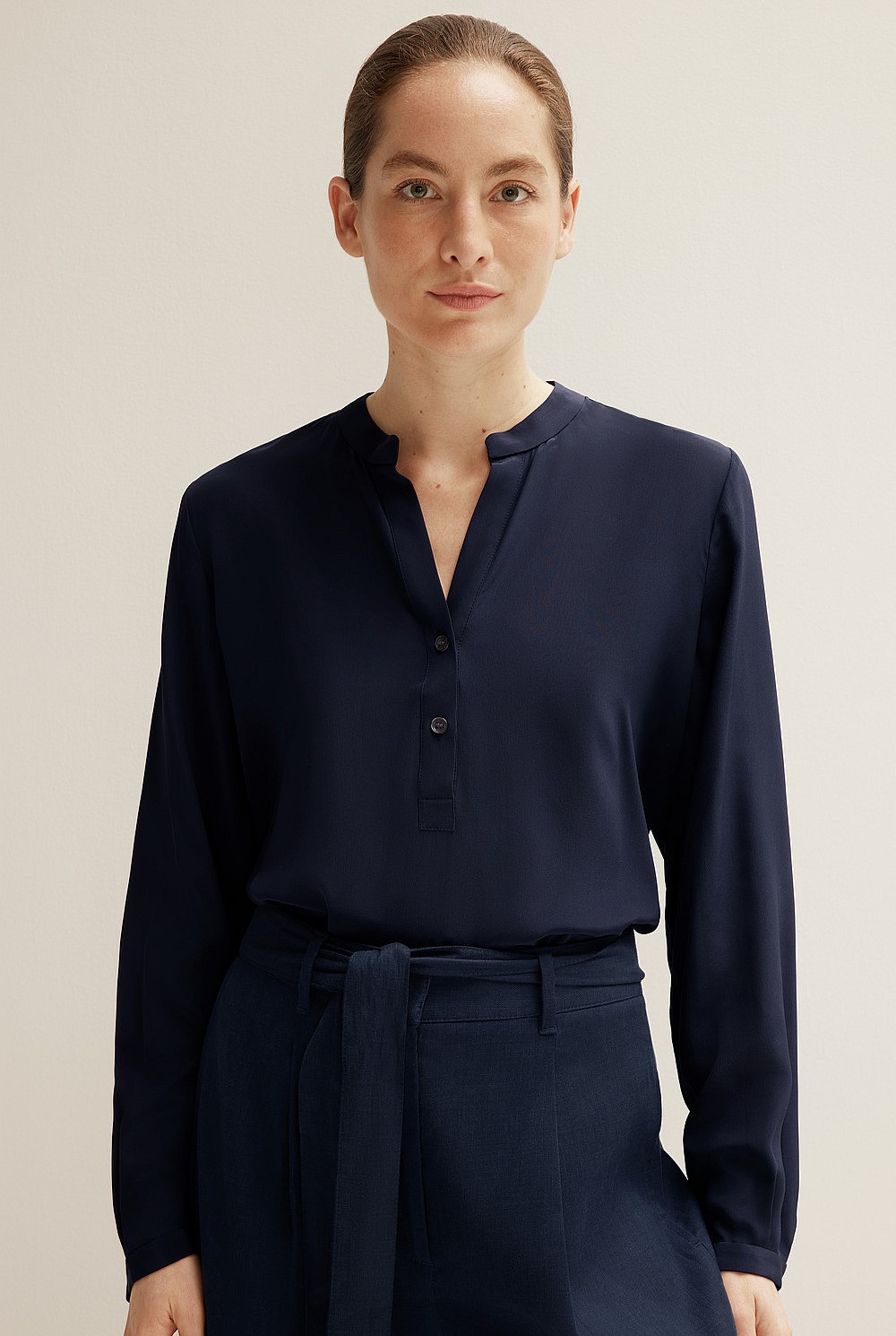 Night Sky Silk Half Placket Blouse - WOMEN Shirts | Trenery
