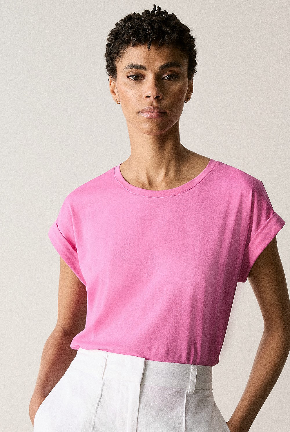 Brilliant Pink Pima Cotton Cuff Sleeve T-Shirt - WOMEN T-Shirts & Tops ...