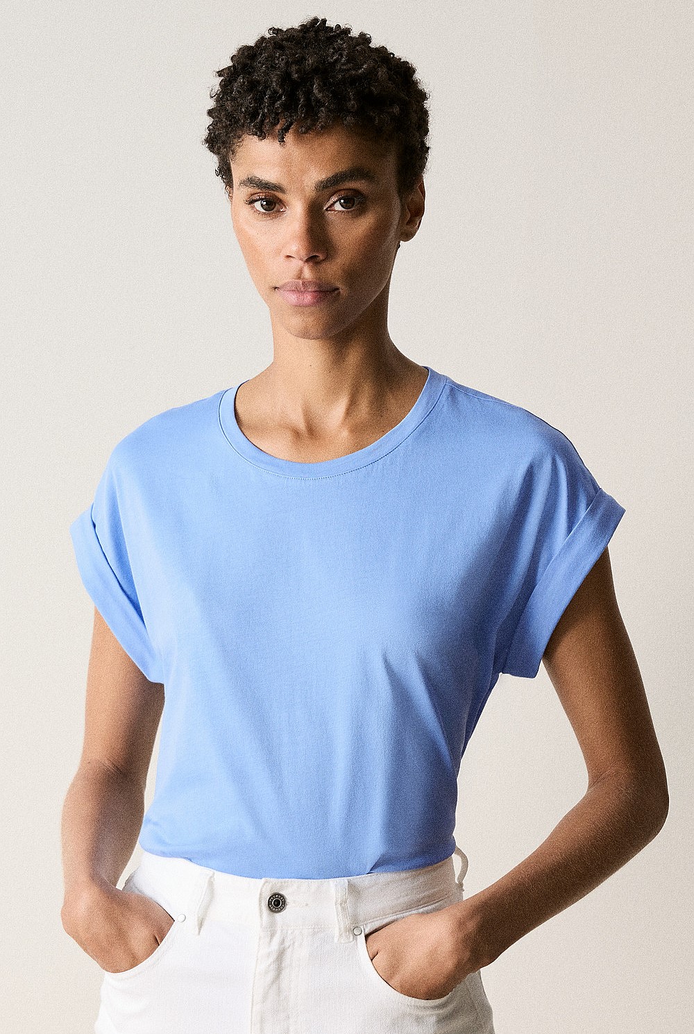 Cornflower Blue Pima Cotton Cuff Sleeve T-Shirt - WOMEN T-Shirts & Tops ...
