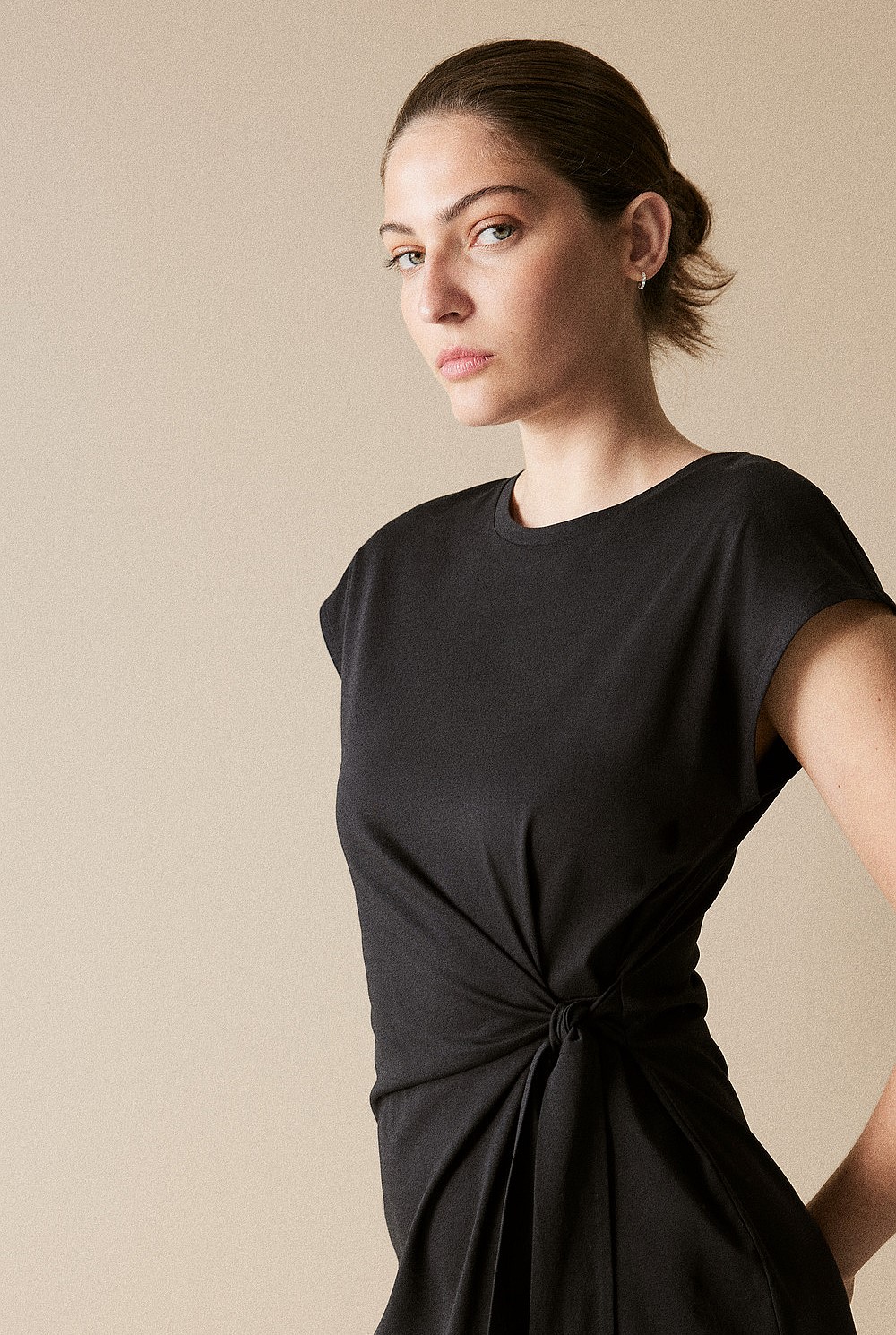 Black Cotton Interlock Wrap Dress - WOMEN Dresses | Trenery