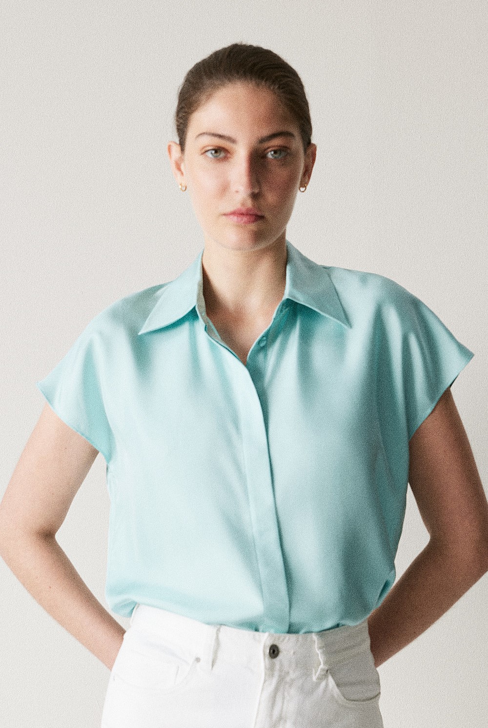 Pale Aqua Silk Twill Cap Sleeve Shirt - WOMEN Shirts | Trenery