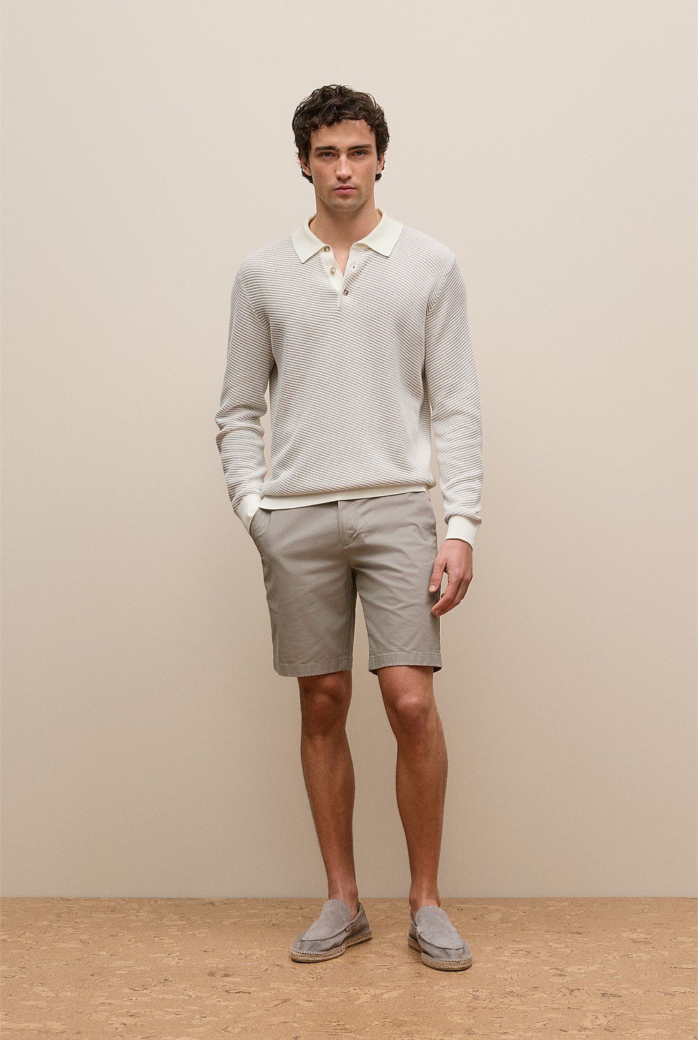 Ivory Linear Texture Knit Long Sleeve Polo - MEN T-Shirts | Trenery