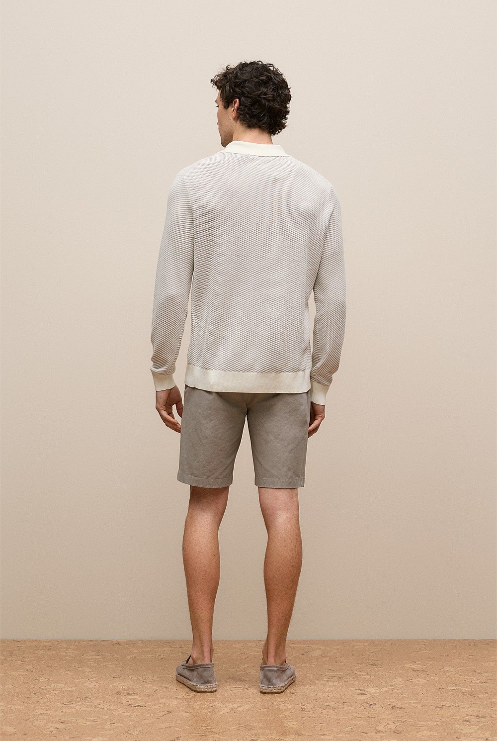 Ivory Linear Texture Knit Long Sleeve Polo - MEN T-Shirts | Trenery