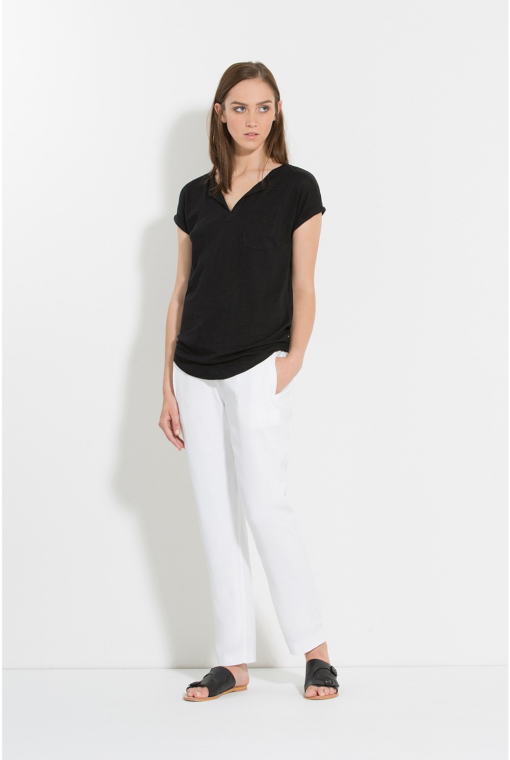 Black Open Neck Linen T-Shirt - WOMEN T-Shirts & Tops | Trenery