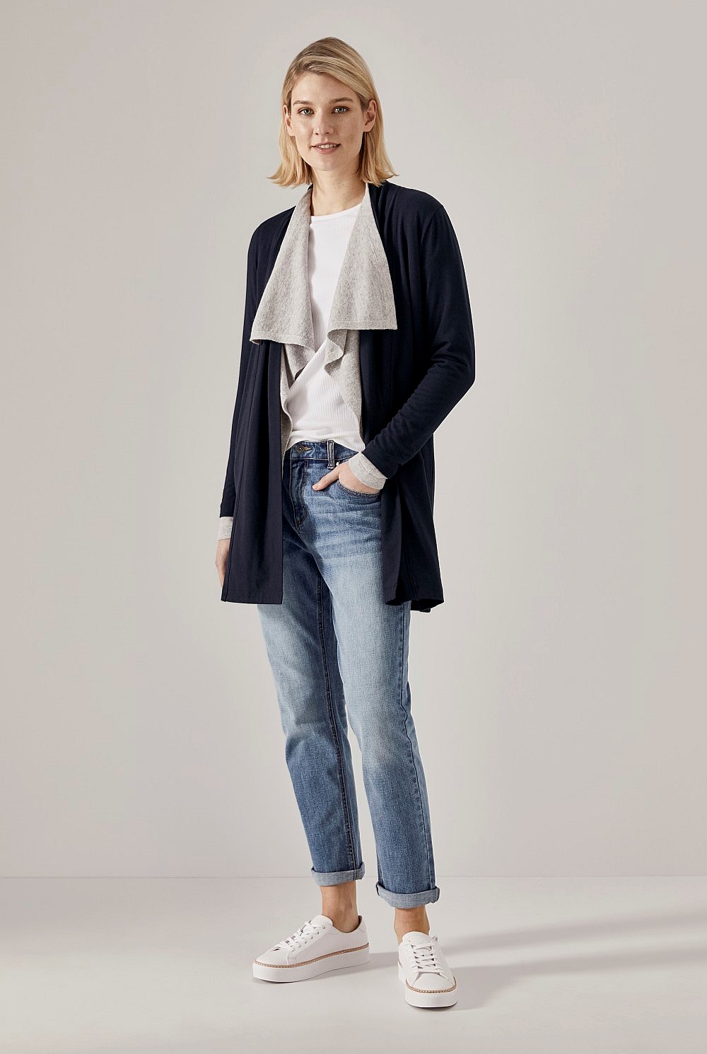 Light Grey Marle Cotton Wool Waterfall Cardigan - WOMEN Knitwear | Trenery