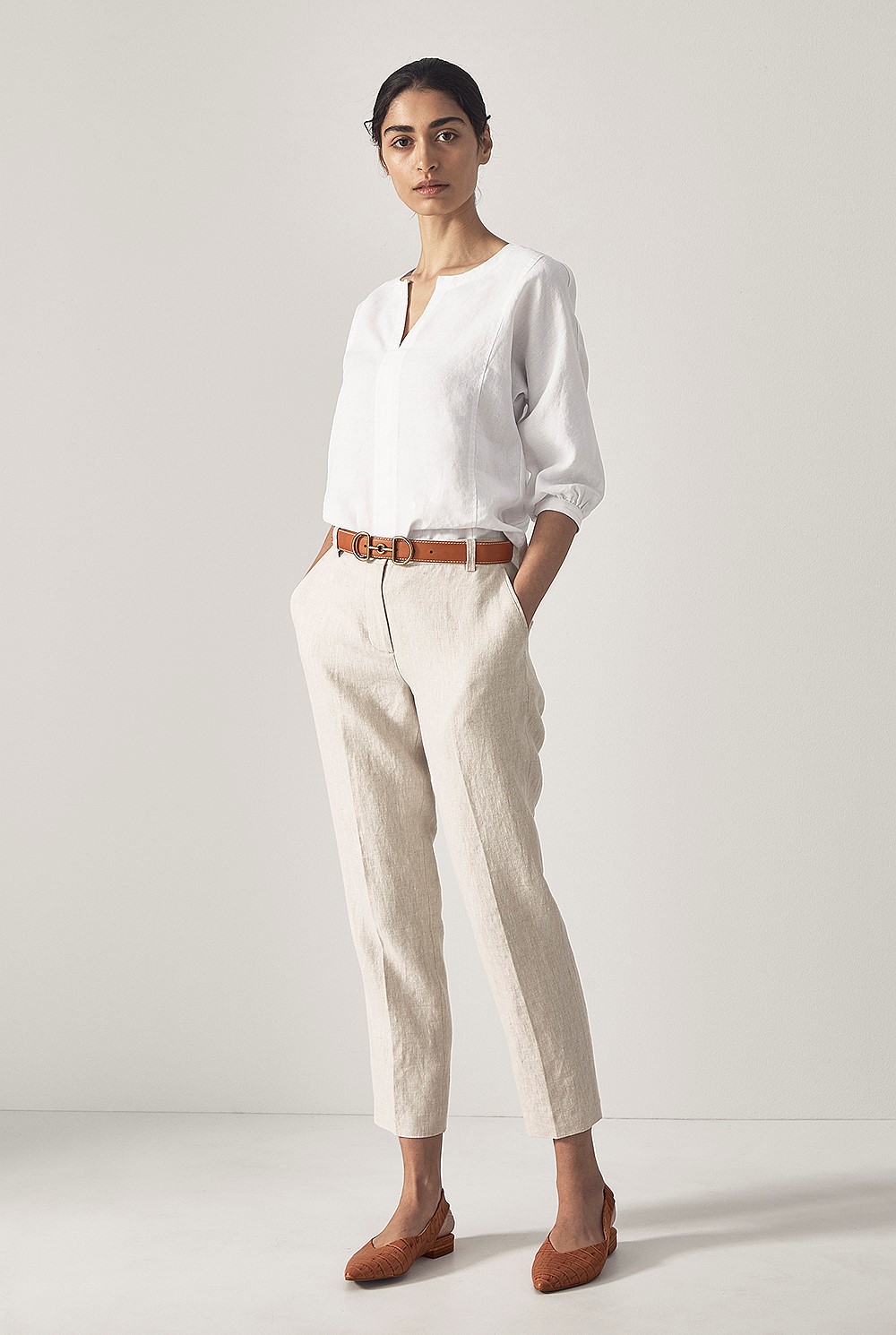 White Linen Vent Neck Top - WOMEN Shirts | Trenery